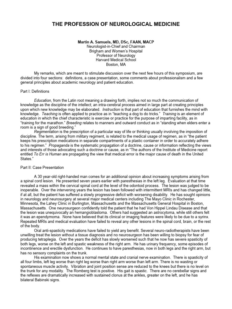 The Profession of Neurological Medicine: Martin A. Samuels, MD, DSC ...
