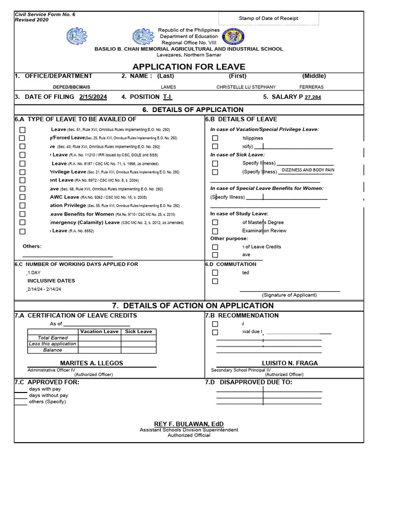 CS Form No. 6 Revised 2020 NEW | PDF | Surgery | Parental Leave