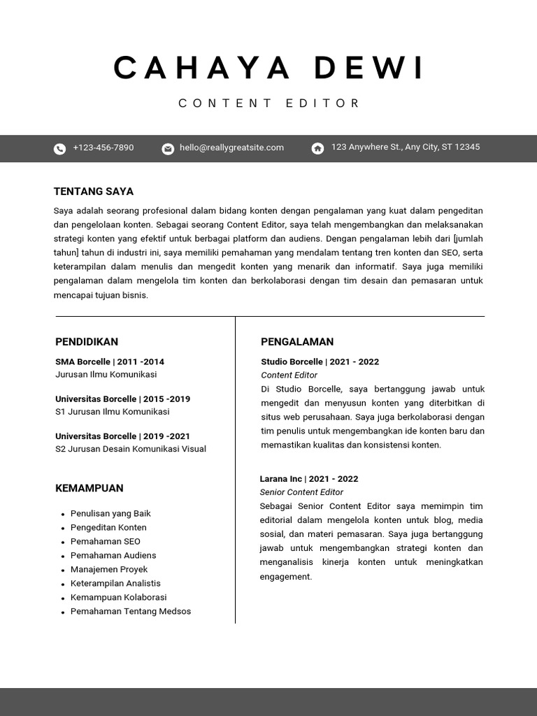 Putih Abu Abu Profesional CV Resume Konten Editor Template | PDF