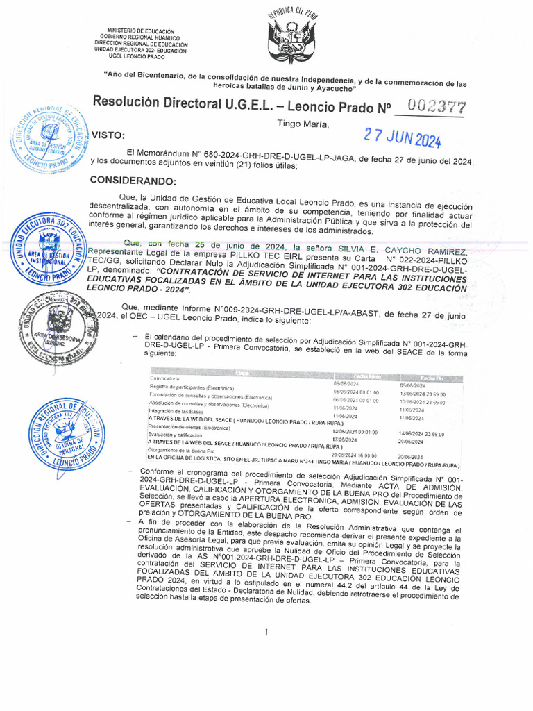 Resolucion Directoral Ugel N 2377 PDF | PDF