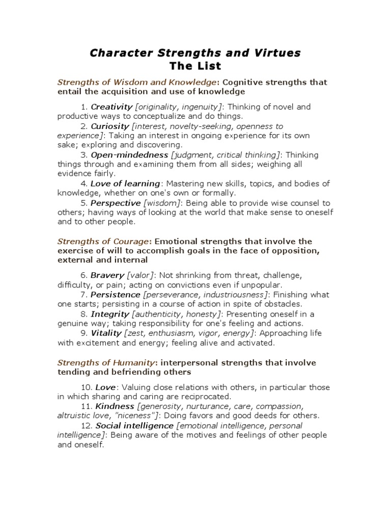 Character Strengths Virtues Descriptions | Download Free PDF | Courage ...