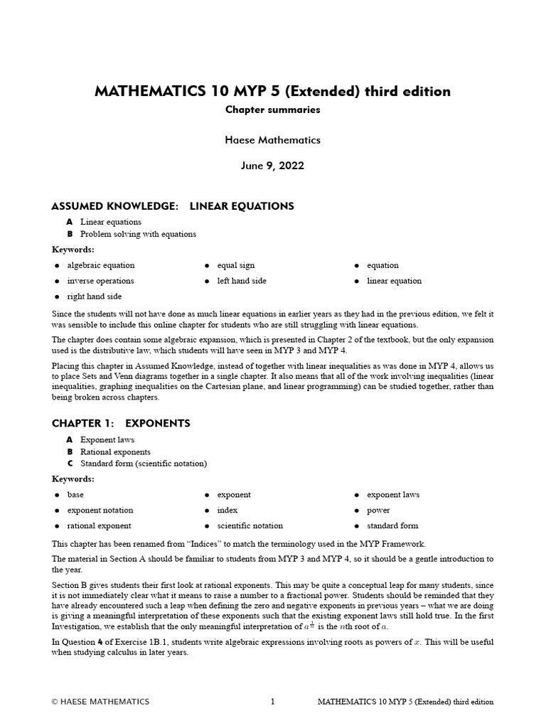 Myp 5 Ext 3ed Chapter Summaries | PDF | Set (Mathematics) | Area