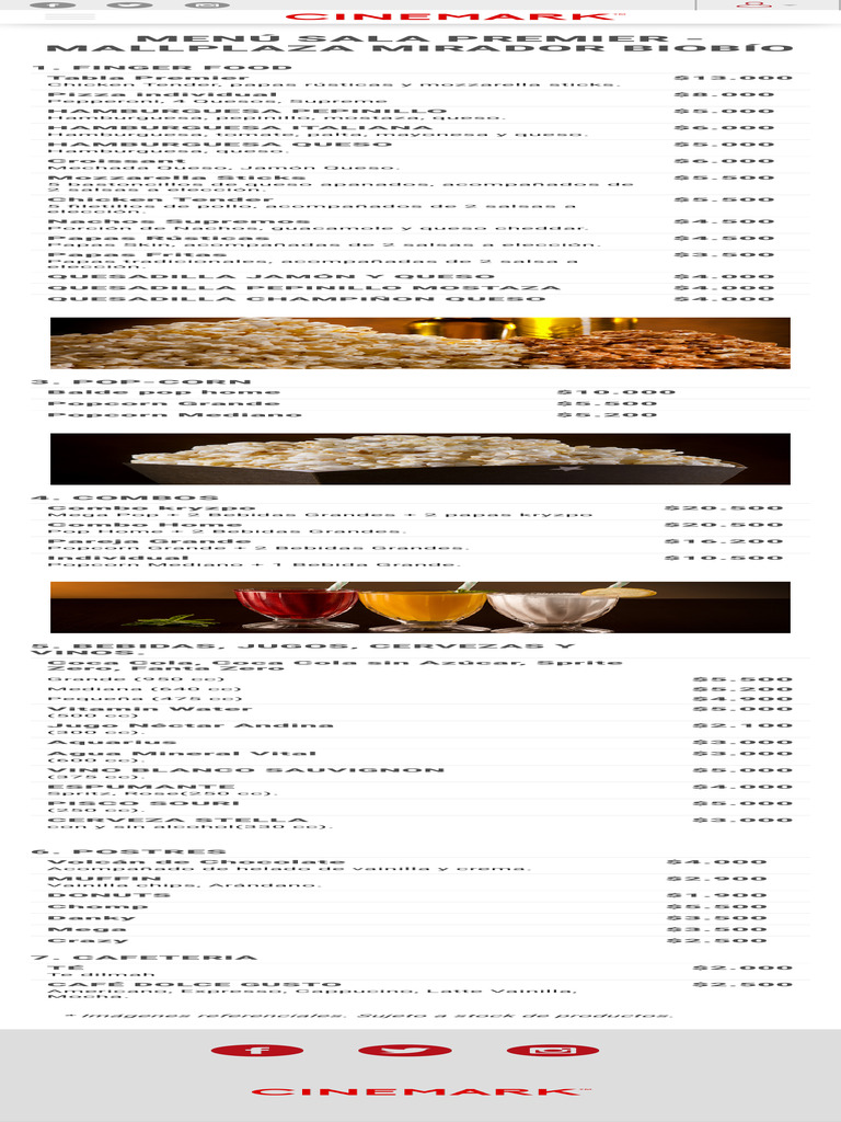 Menú Sala Premier - Cinemark Mallplaza Mirador BioBío - Cinemark Chile ...