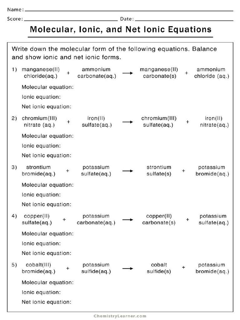 Molecular Complete and Net Ionic Equations Worksheet | PDF