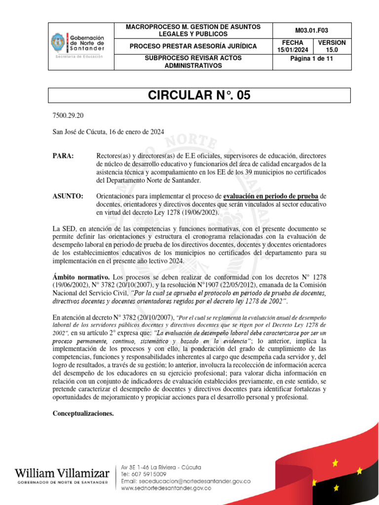 CIRCULAR 005 SED Periodo de Prueba | PDF | Evaluación | Maestros