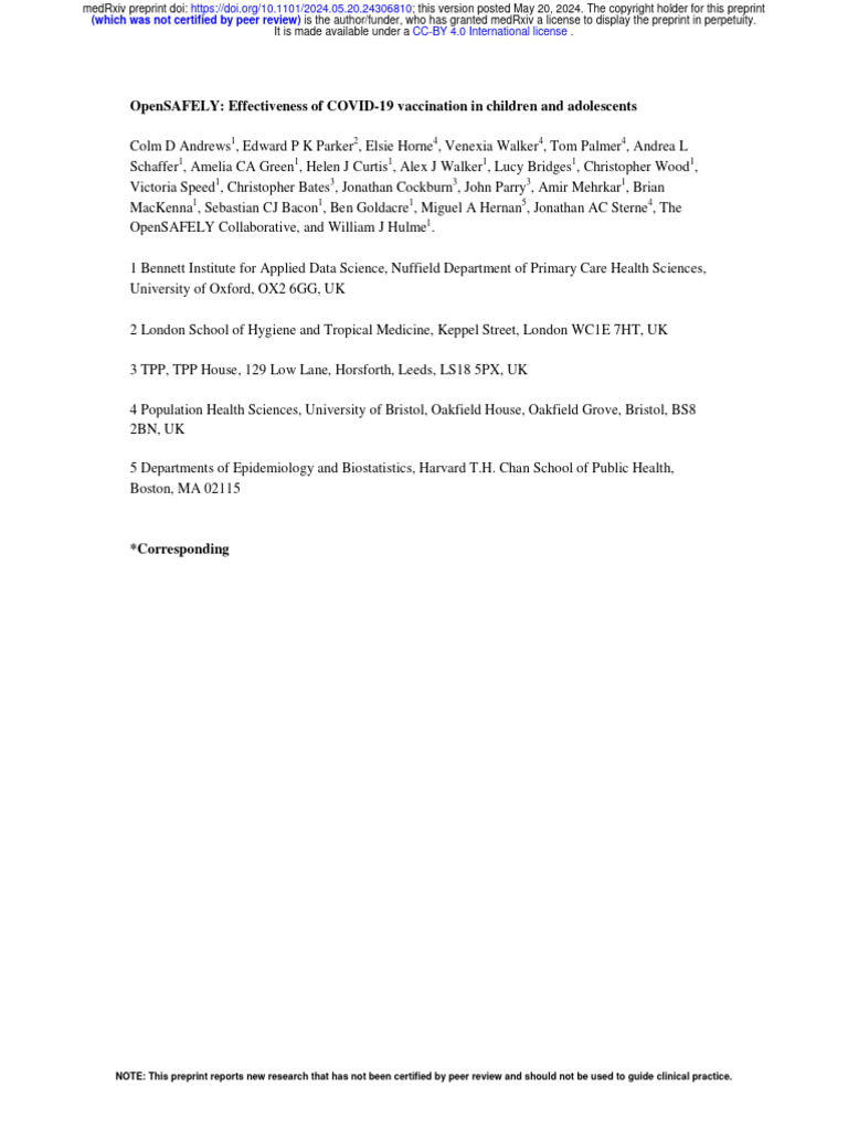 OpenSAFELY. Effectiveness of COVID-19 Vaccination in Children and Adolescents | PDF ...