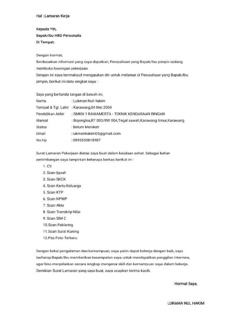 Surat Lamaran Kerja - Lukman Nul Hakim - 11zon | PDF