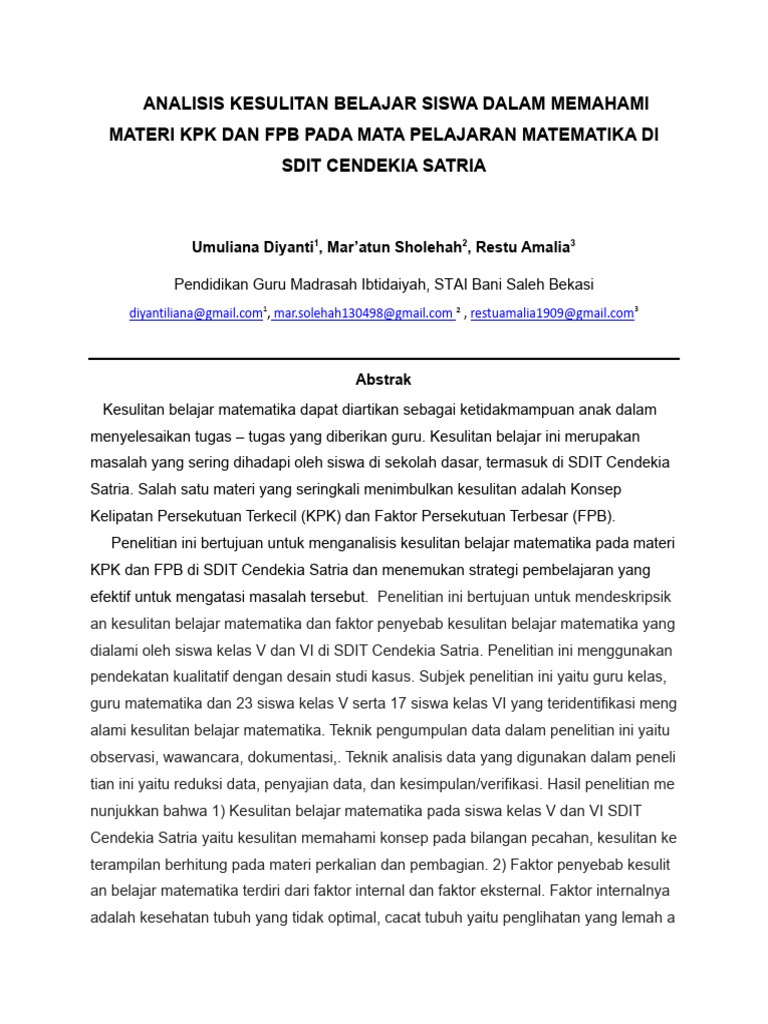 Analisis Kesulitan Belajar Siswa Dalam Memahami KPK Dan FPB Pada Mata ...