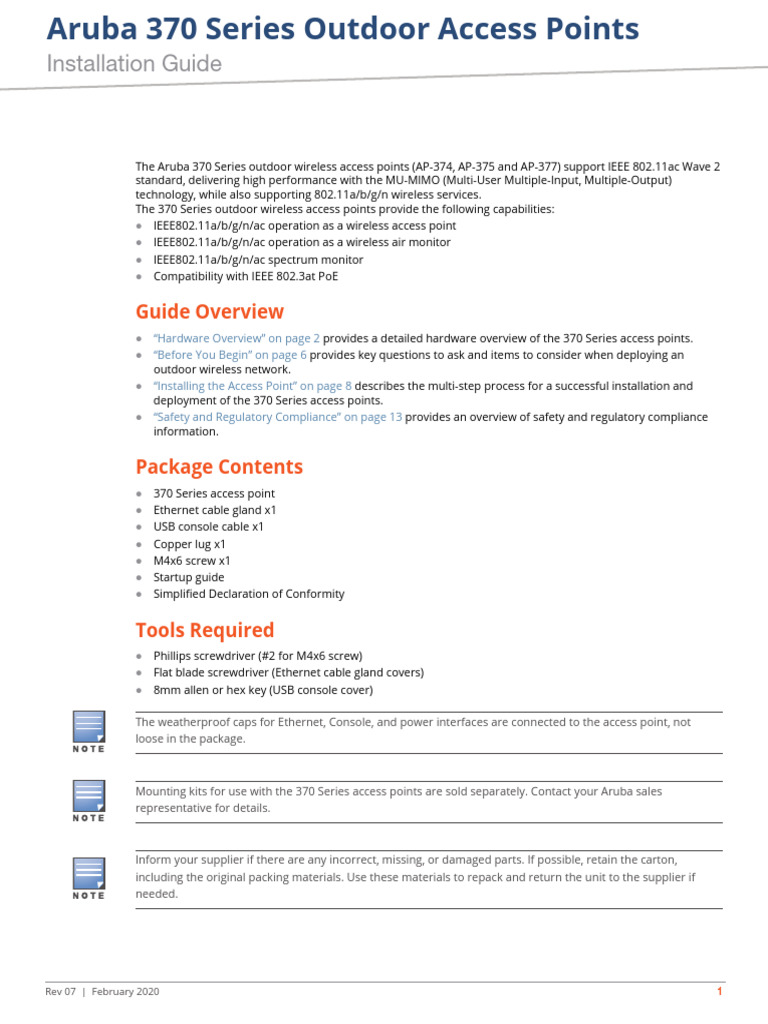 HPE - A00036501en - Us - Aruba 370 Series Outdoor Access Point Installation Guide | PDF ...