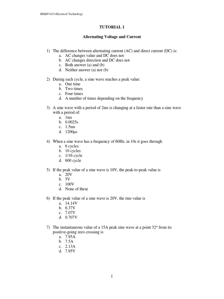 Tutorial 1 Alternating Voltage and Current: BEKP1423-Electrical Technology | PDF | Root Mean ...