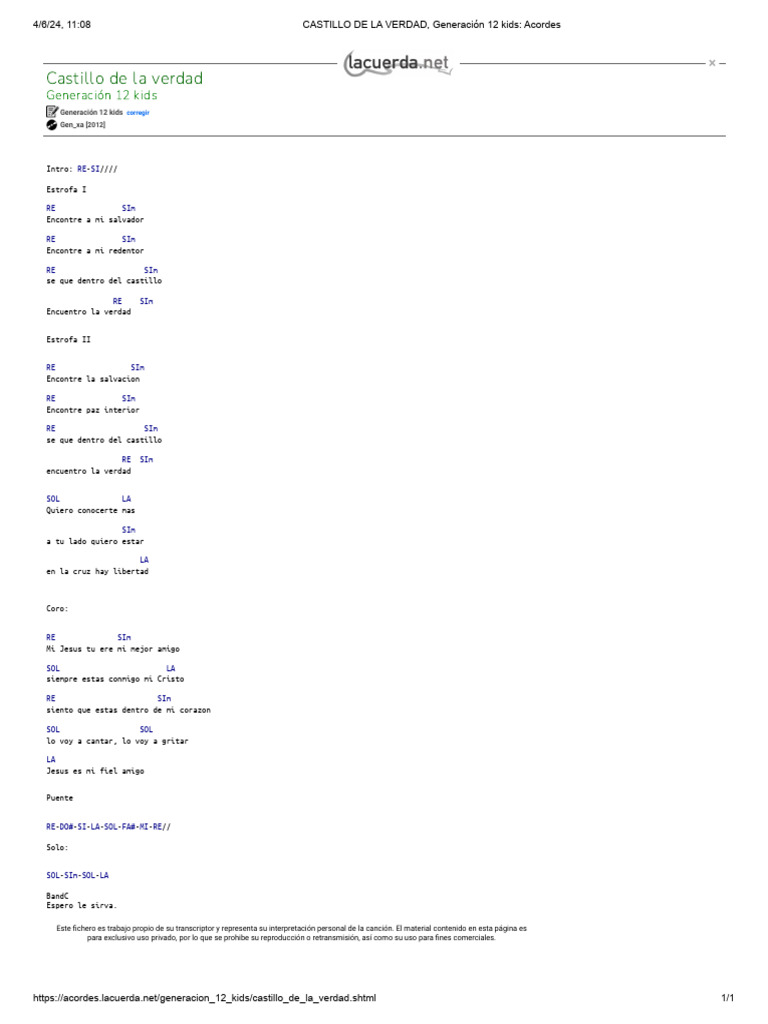 CASTILLO DE LA VERDAD, Generación 12 Kids - Acordes | PDF