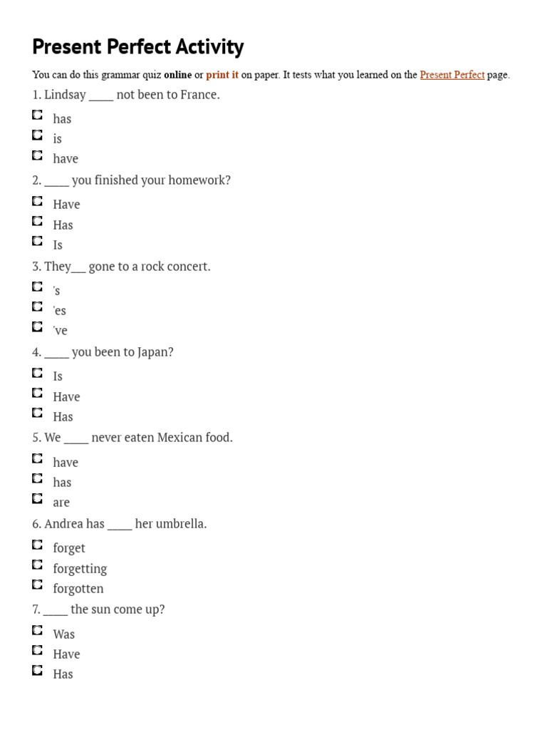 Present Perfect Grammar Quiz | PDF
