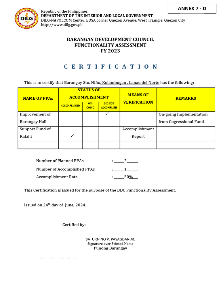 Dilg Certification BDC For Cy2023 | PDF | Philippines