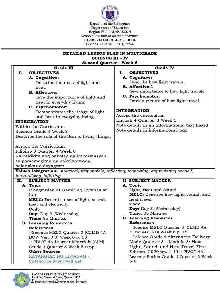 DETAILED LESSON PLAN IN MULTIGRADE-Final | Download Free PDF | Light ...