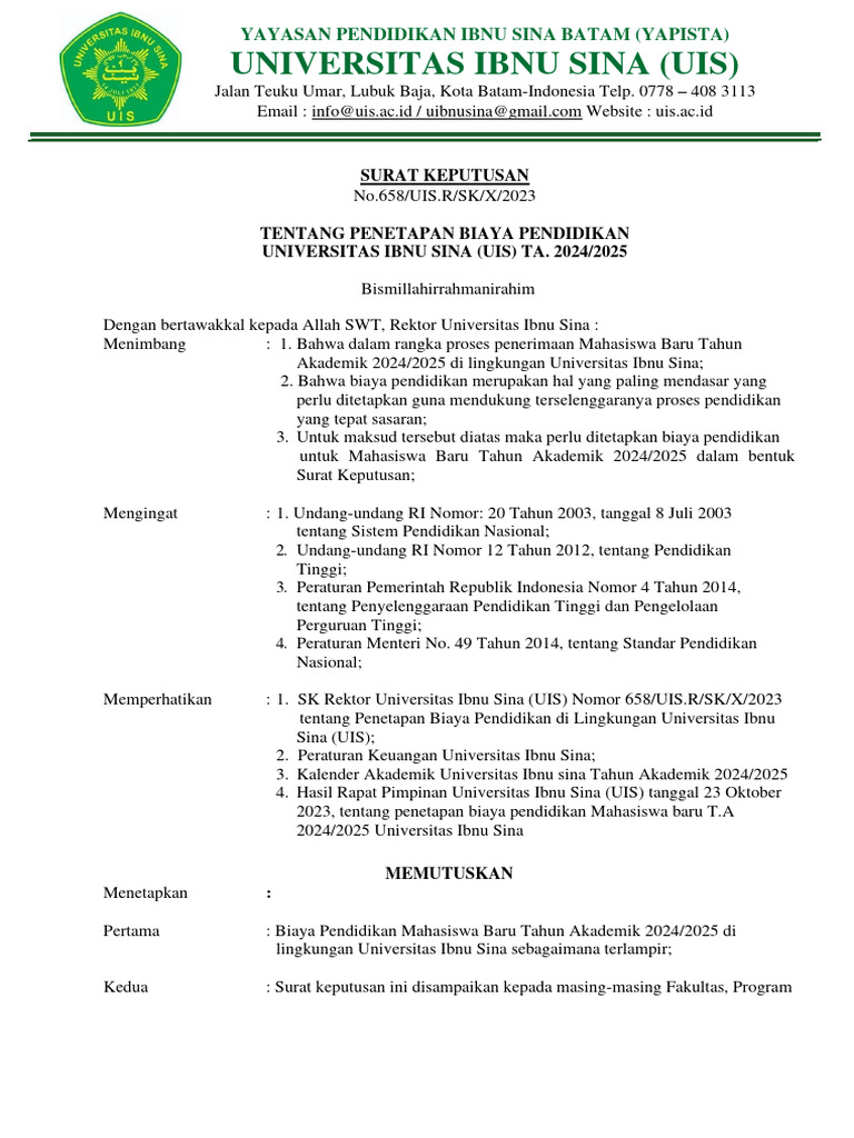 SK Penetapan Biaya Pendidikan - 2024 | PDF