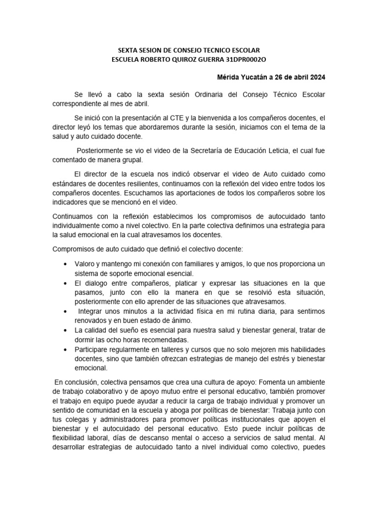 Relatoría 6 Sexta Sesion Cte 2024 Roberto Quiroz | PDF | Evaluación | Escuelas