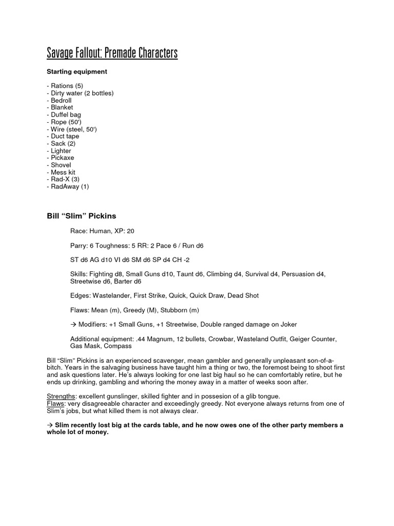 Savaged Fallout Premade Characters | PDF