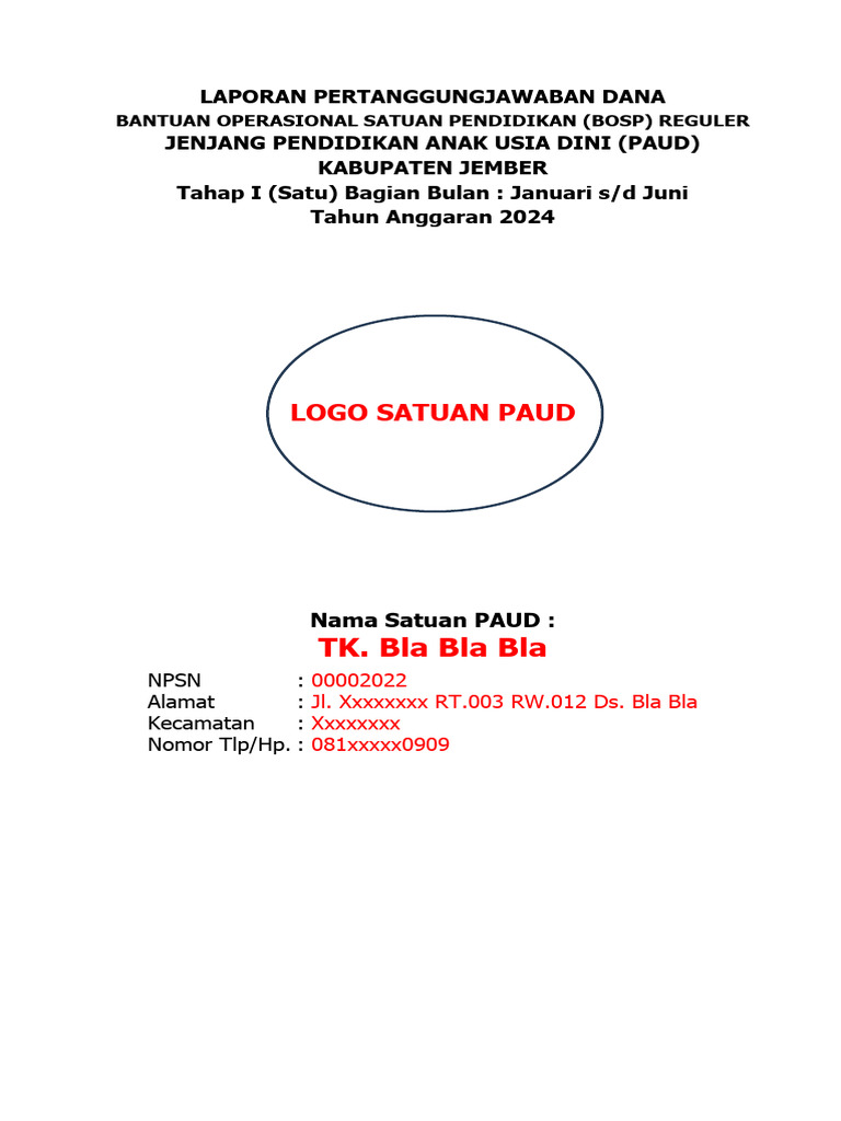 Cover Dan Surat Lpj Bosp Paud Thp I-2024 | PDF Cover Dan Surat Lpj Bosp Paud Thp I-2024 | PDF