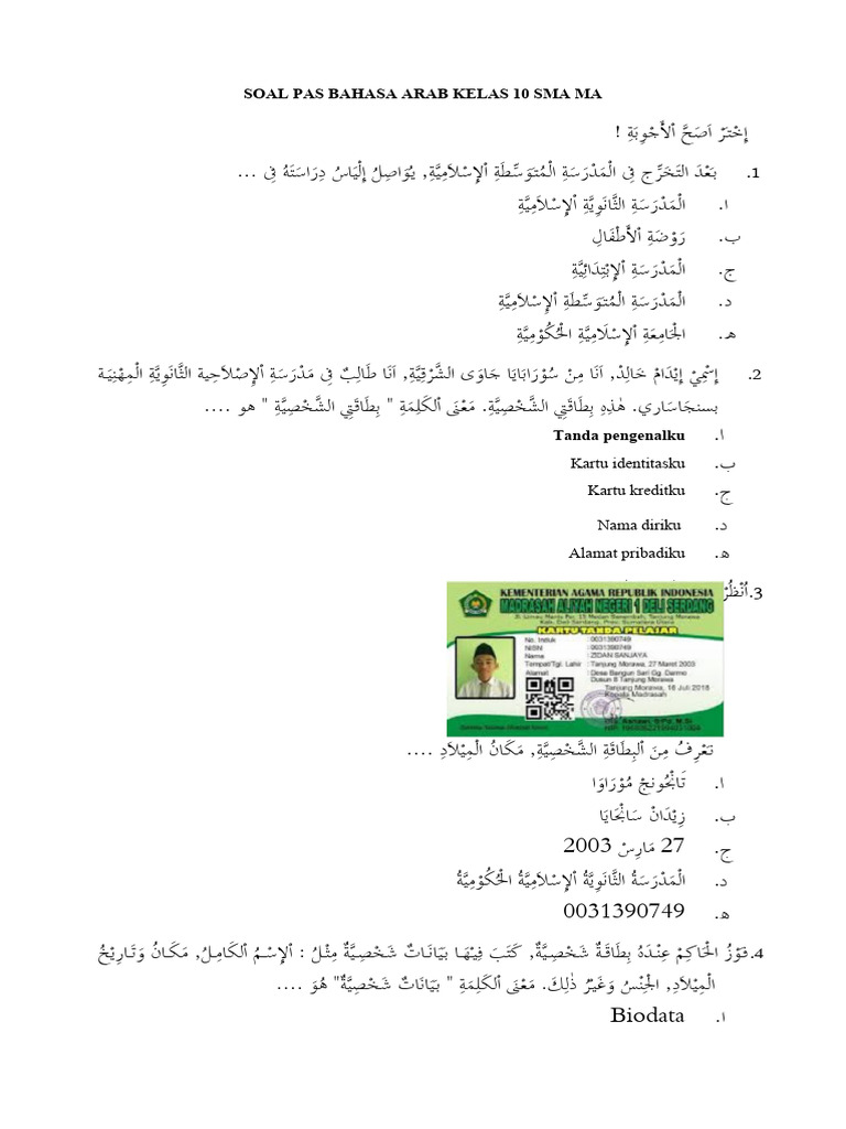 Soal UAS BAHASA ARAB Kelas X | PDF