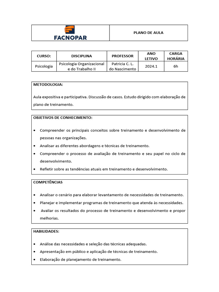 5 - Plano de Aula TD | PDF | Gestão de recursos humanos