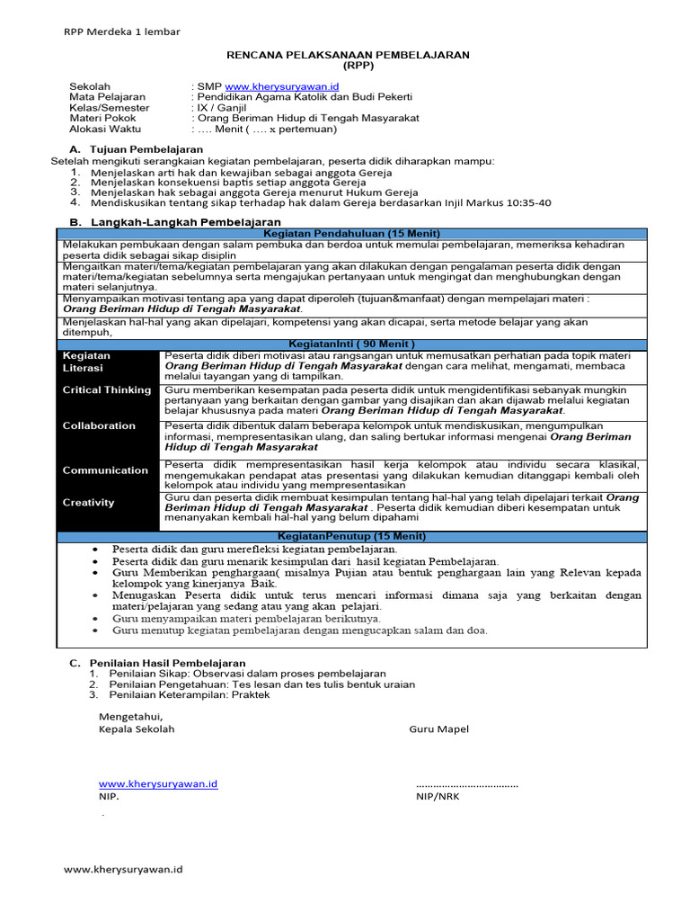 2 - RPP 1 Lembar Kls 9 Semester 1 - WWW - Kherysuryawan.id | PDF