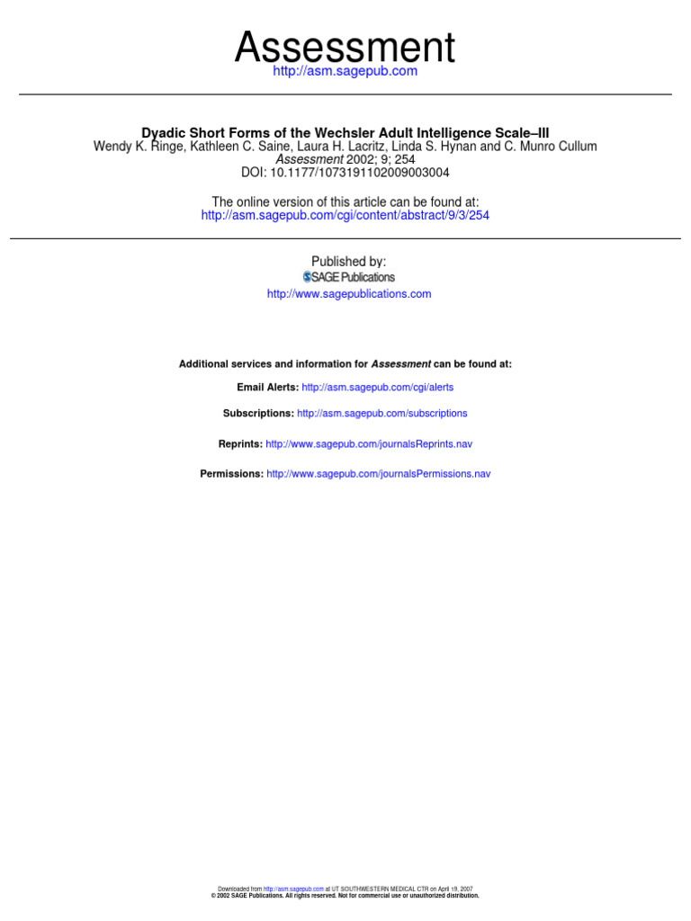 WAIS-III Dyadic Short Forms Study | PDF | Wechsler Adult Intelligence ...