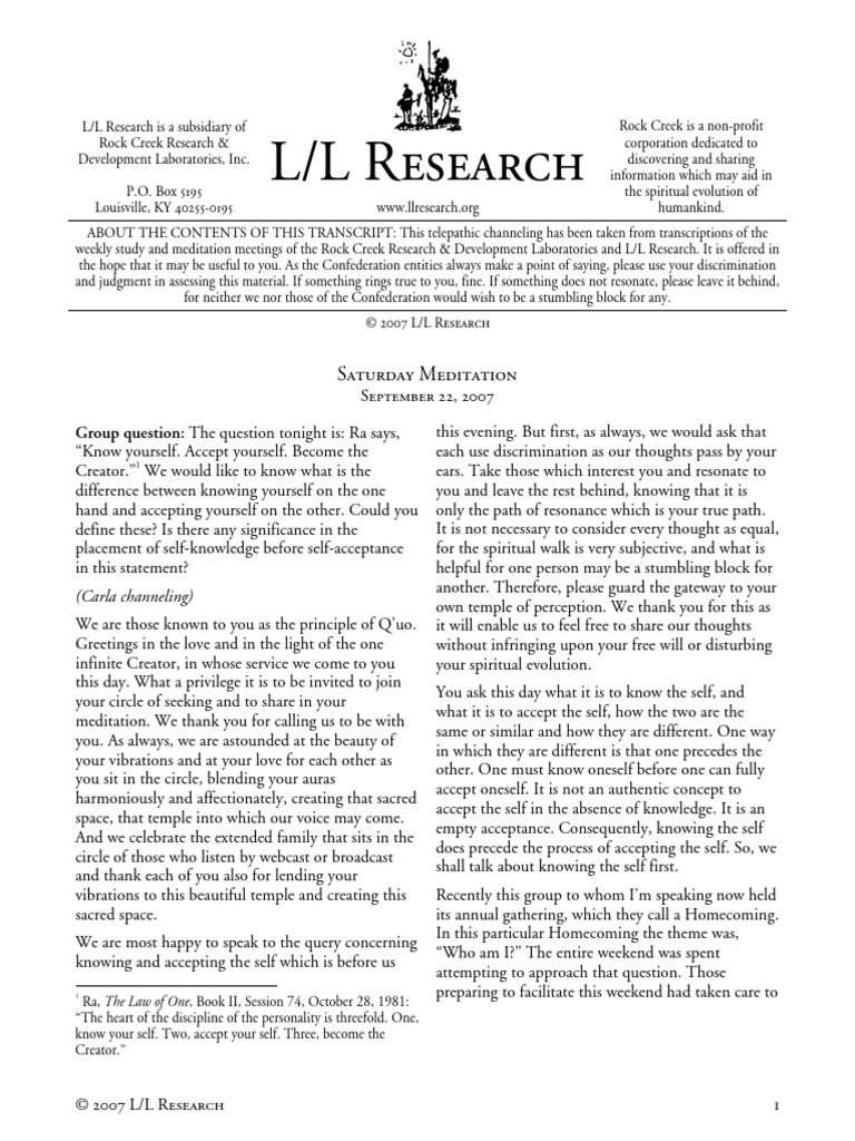 L/L Research: Saturday Meditation | PDF | Consciousness | Self