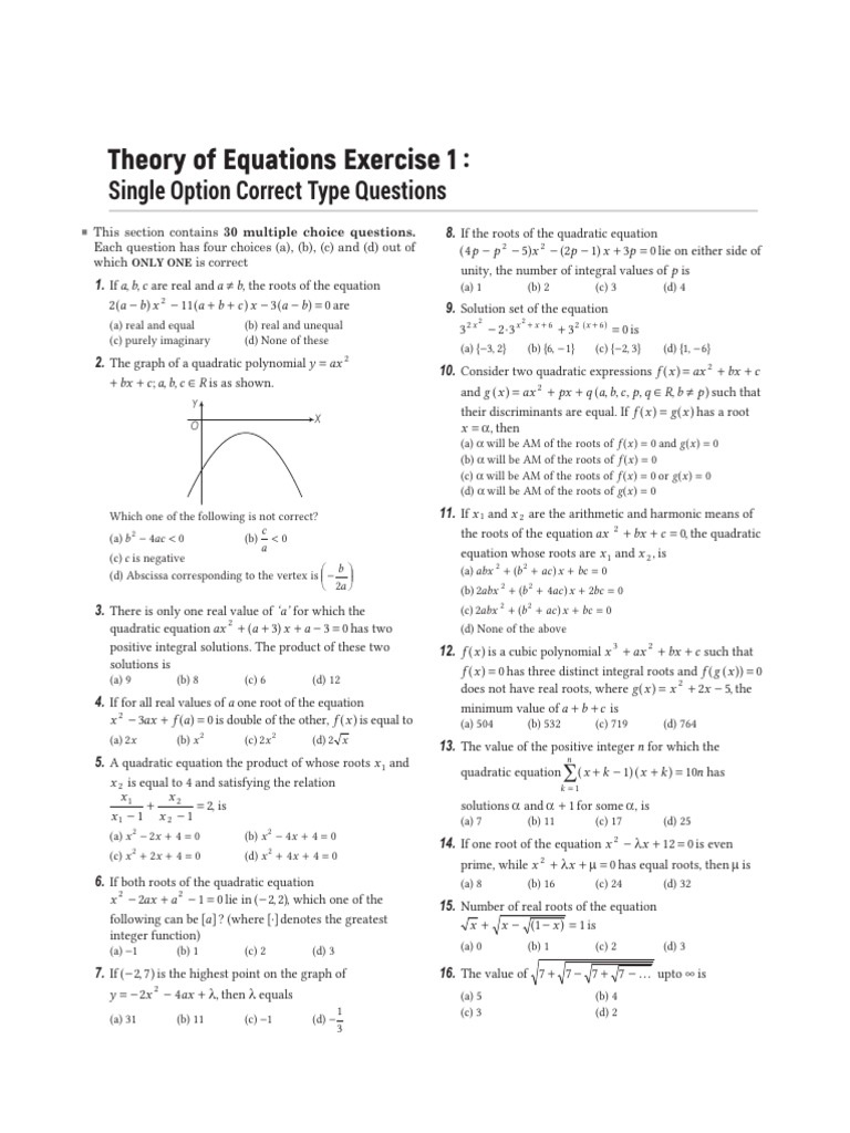 Theory of Equations Exercises | PDF | Equations | Quadratic Equation