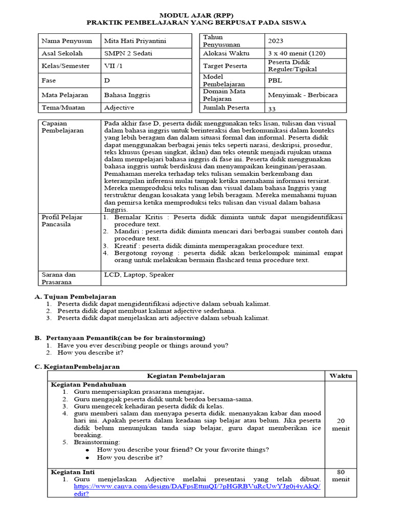 Modul Ajar Adjective | PDF