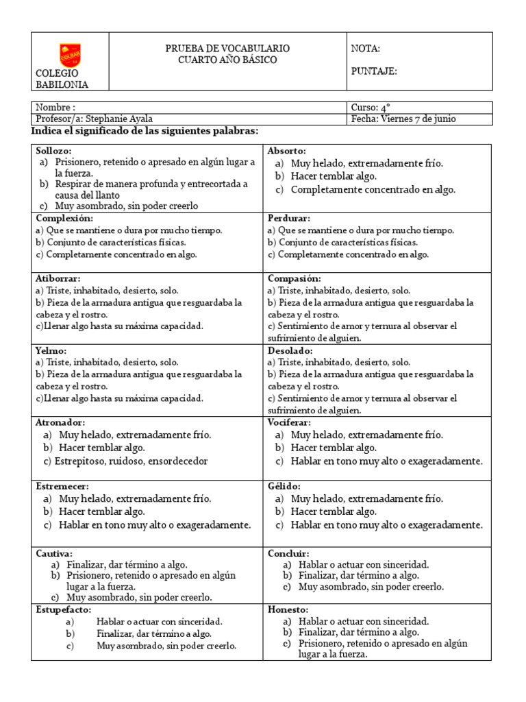 PRUEBA de VOCABULARIO (Recuperado Automáticamente) | PDF | Las emociones