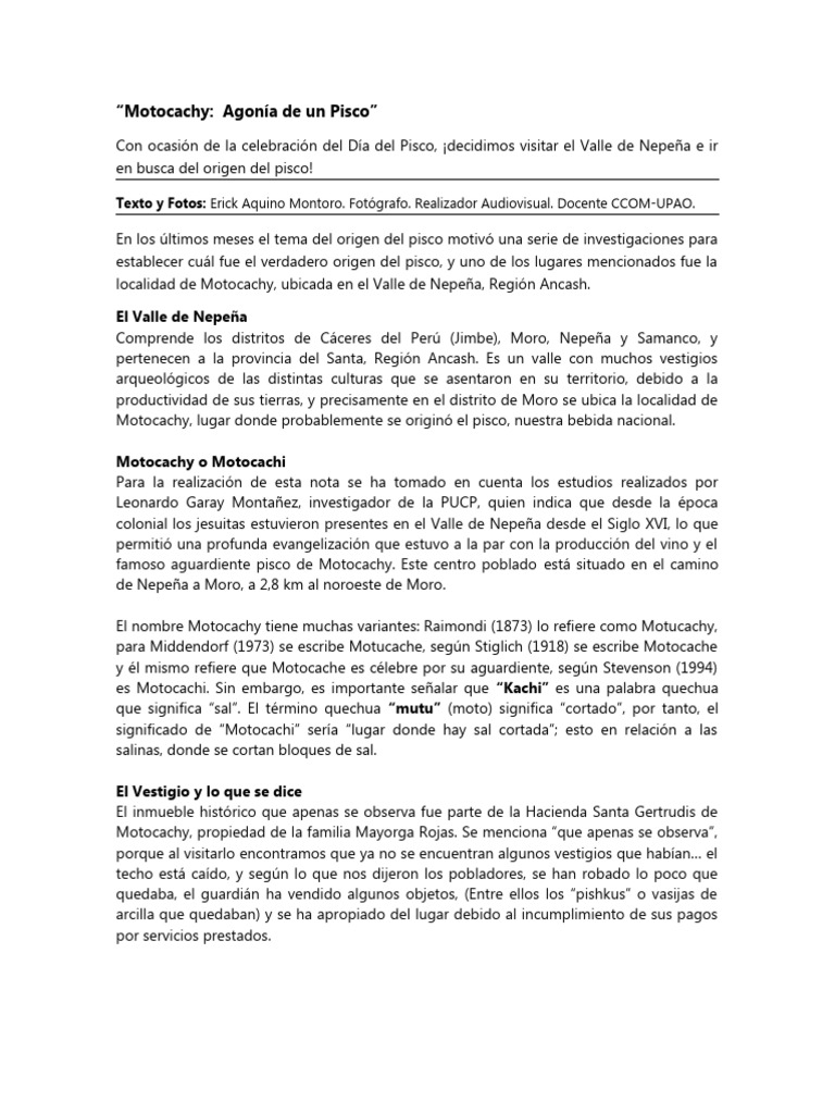 Motocachy, Agonía de Un Pisco | PDF