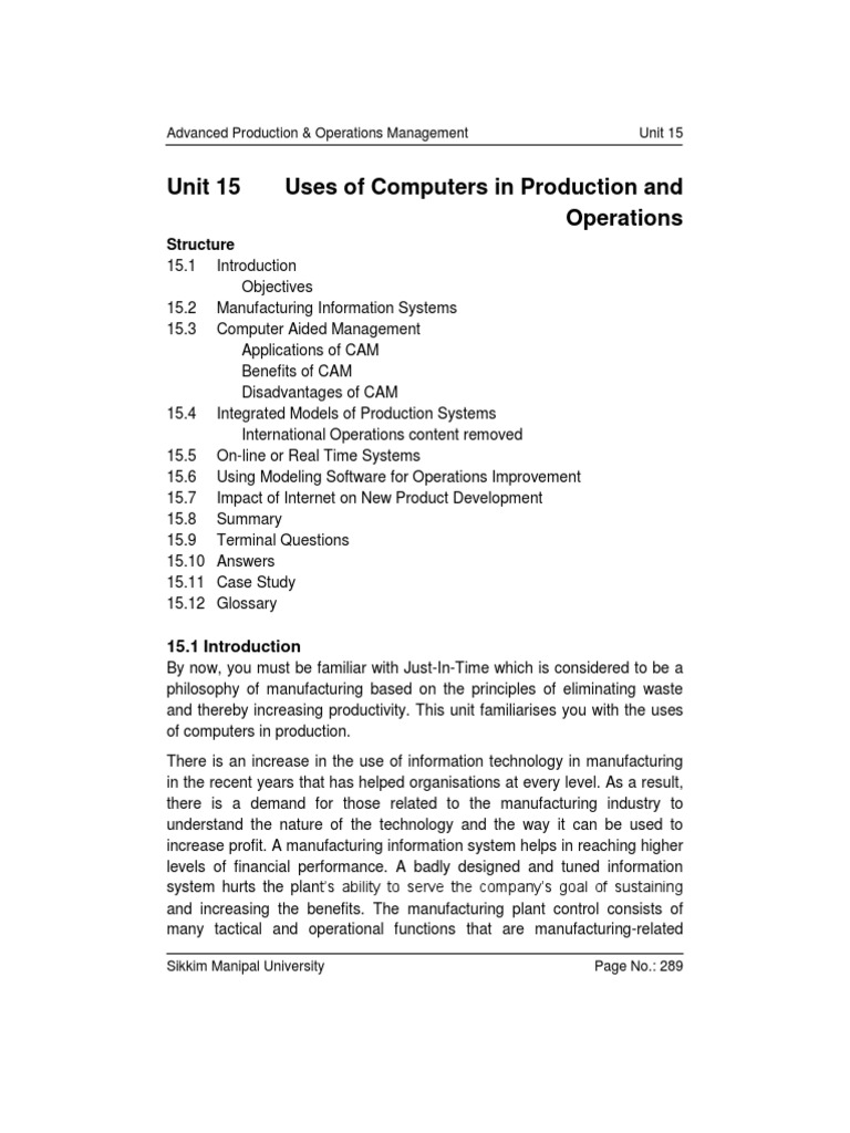 Unit 15 Uses of Computers in Production and Operations: Structure | PDF ...