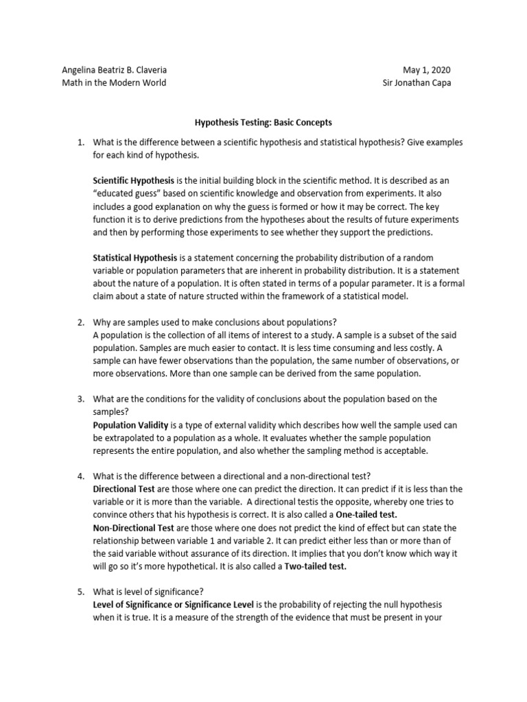 Hypothesis Testing Basic Concepts | PDF | Statistical Significance ...