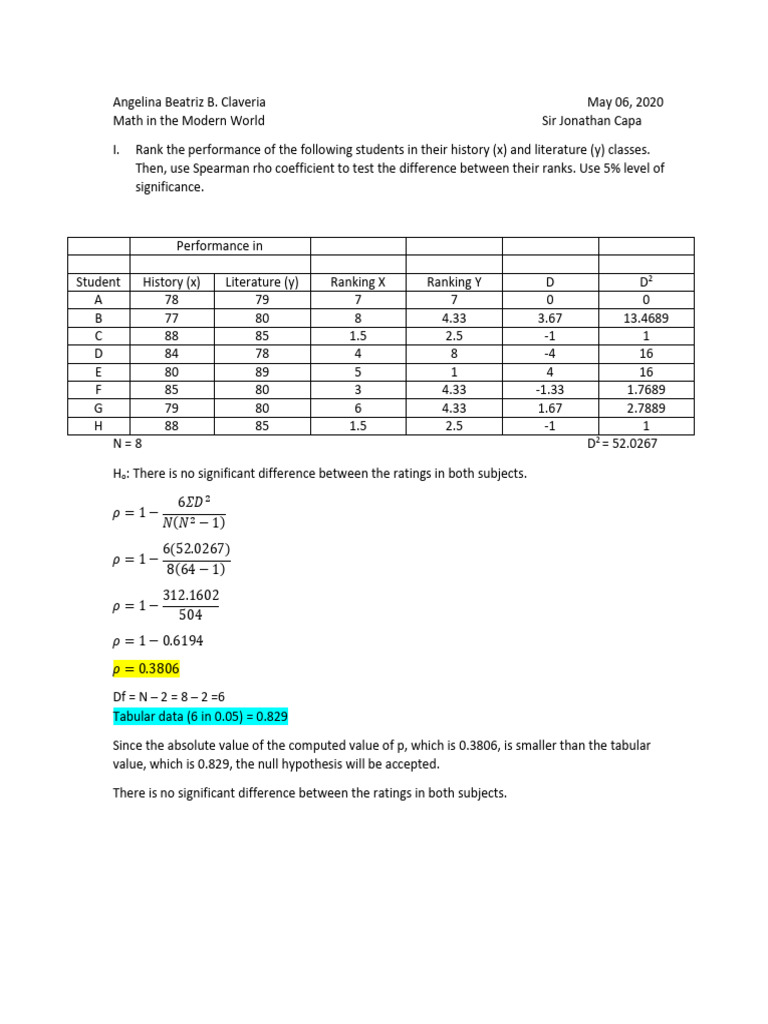 Spearman - S Rank Correlation Coefficient | PDF
