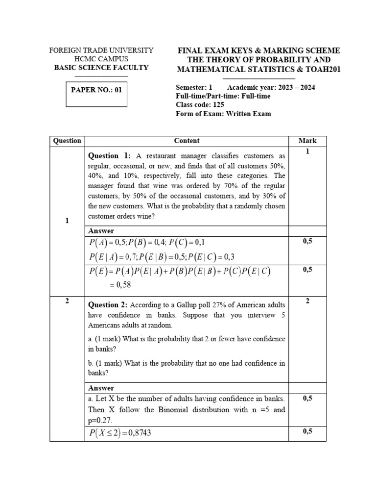 Solution - Final Exam Probability and Statistics 01, 02 | PDF ...