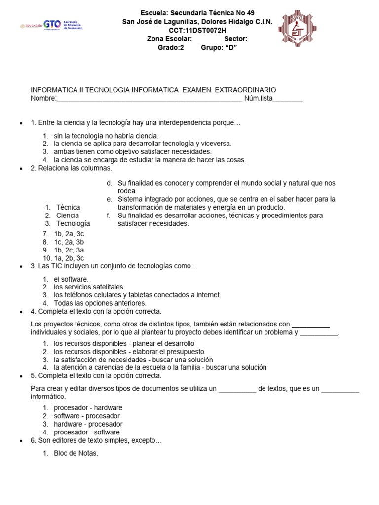 Informatica II Tecnologia Informatica Examen Extraordinario | PDF | Diseño | Hardware de la ...