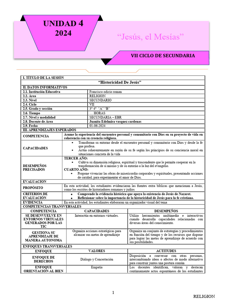 3º 4° SESION SEM 3 UNI 4 - RELIGION 2024 | PDF | Jesús | Aprendizaje