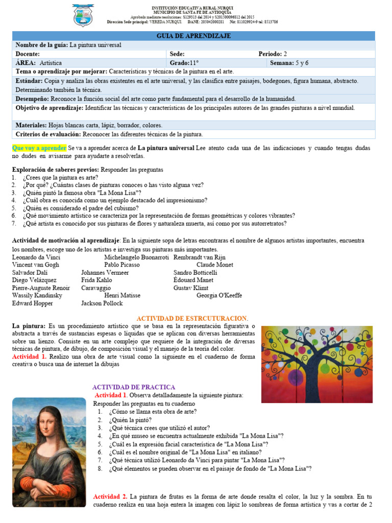 10° GUÍA N°3 P2 - ARTISTICA - PINTURA UNIVERSAL - SEMANA 5 Y 6 | PDF ...