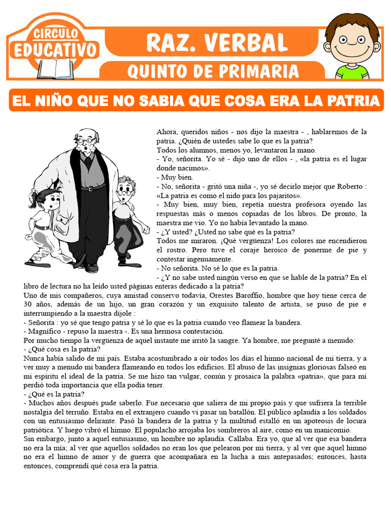 Lectura Sobre El Nino Que No Sabia Que Cosa Era La Patria para Quinto ...
