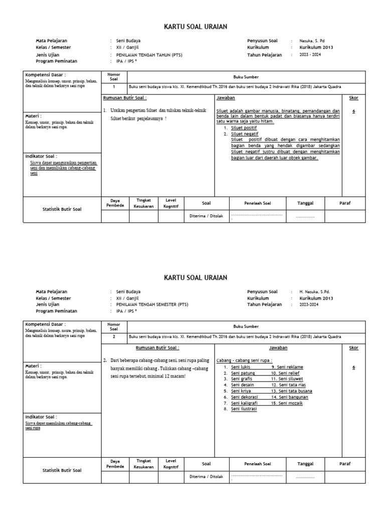 Kartu Soal Esay PTS 2023 | PDF