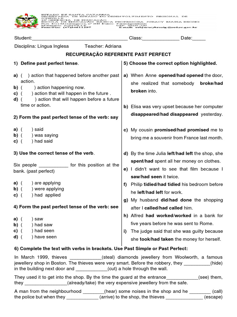 Exercícios past perfect | Download Free PDF | Syntax | Linguistic ...