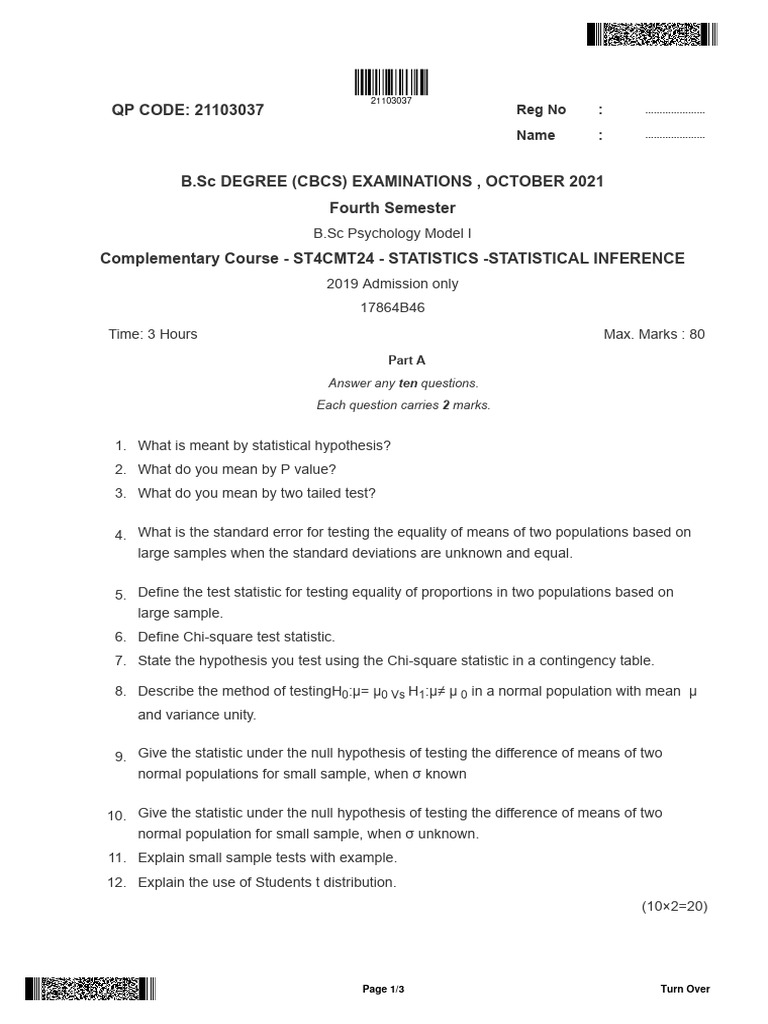 Statistical Inference Exam Questions | PDF | Statistical Hypothesis ...