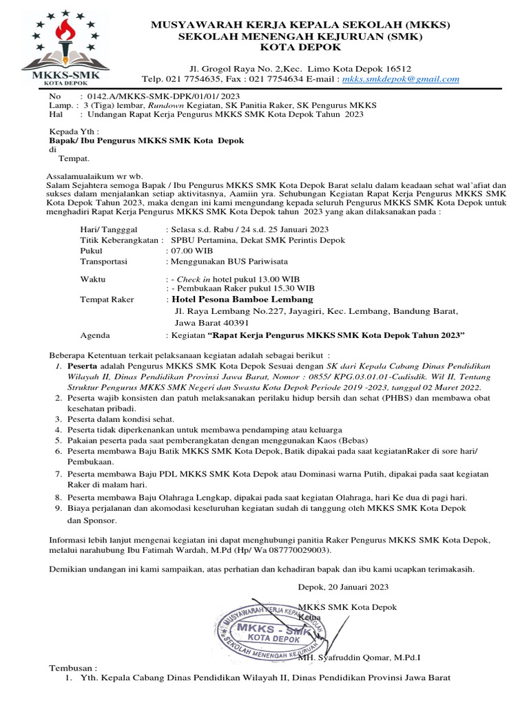 0142 - Undangan RAKER Pengurus MKKS SMK Kota Depok Tahun 2023 | PDF | Sains & Matematika