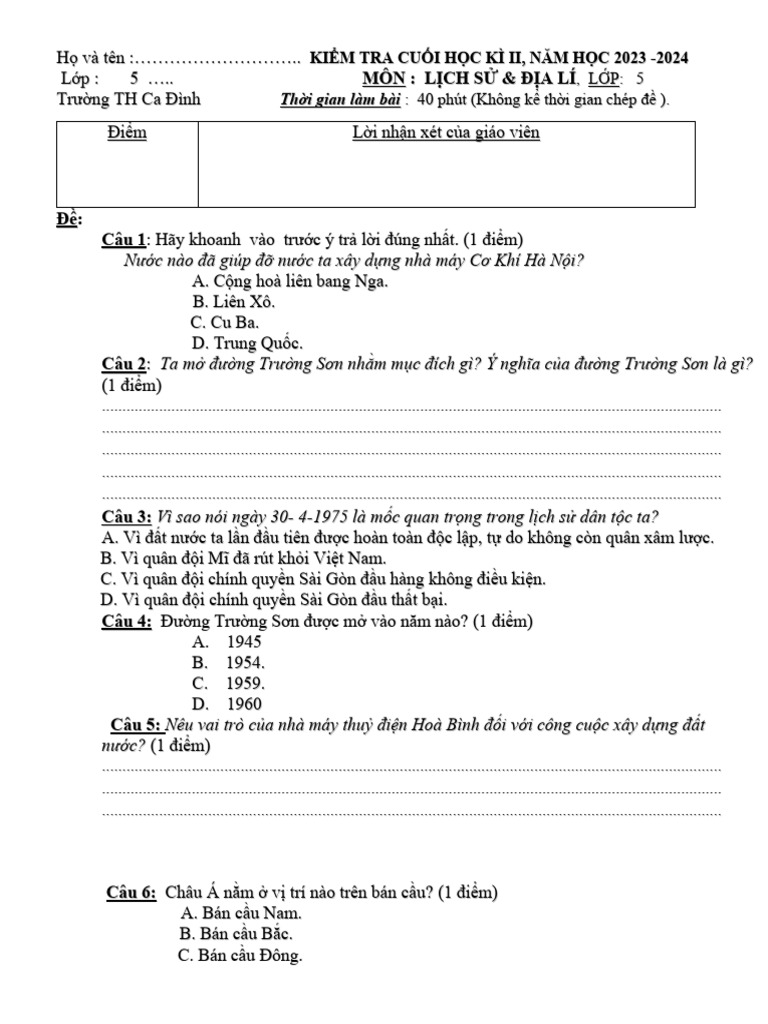 De Kiem Tra Lich Su Dia Li Lop 5 Cuoi Nam 20232024 | PDF