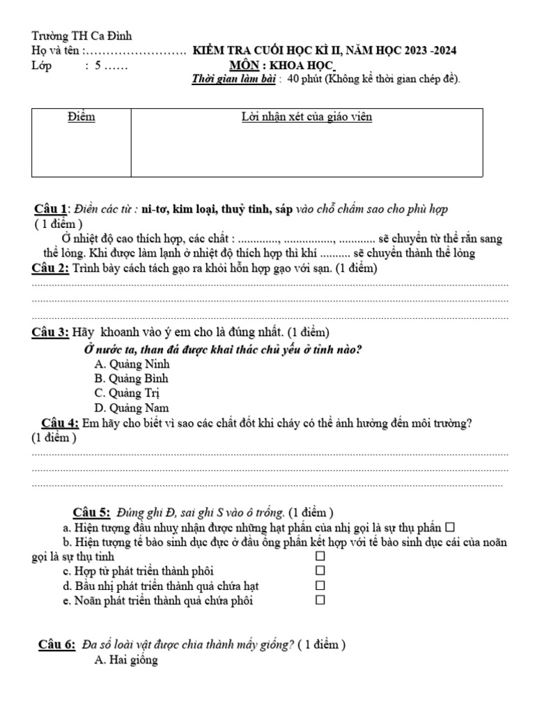 De Kiem Tra Khoa Hoc Lop 5 Nam 20232024 | PDF