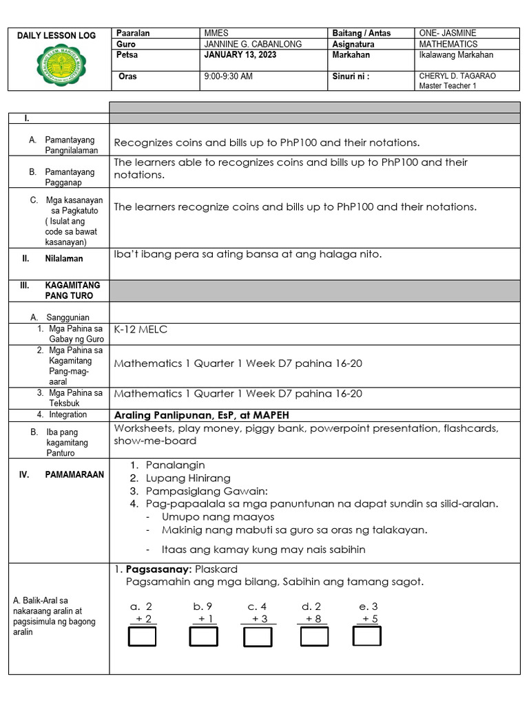 Cabanlong Cot 1 Math Lesson Plan 2023 | PDF