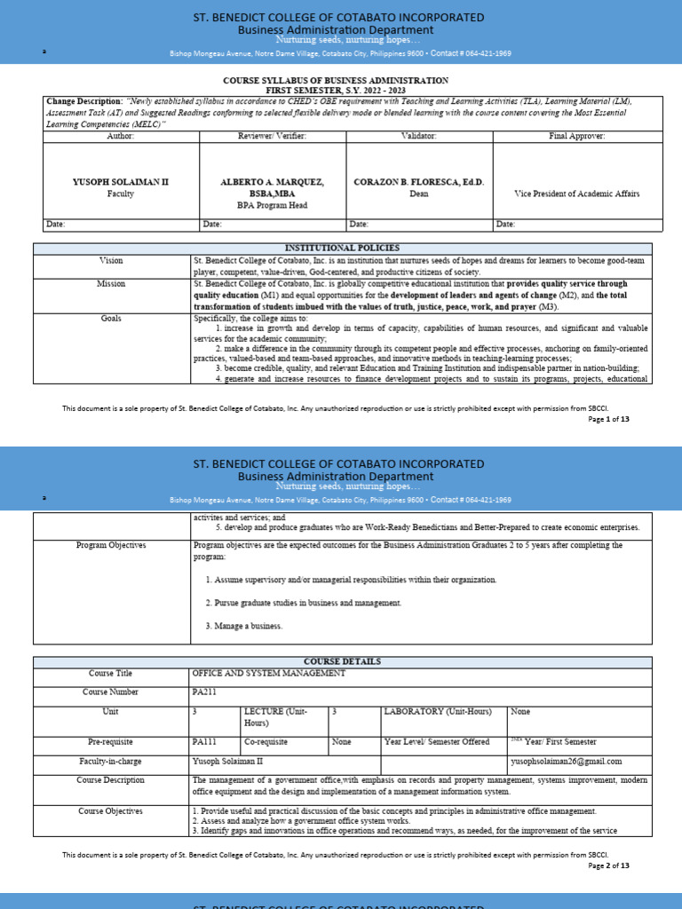 Course Syllabus of Office and System Management (Unfinished) | PDF ...