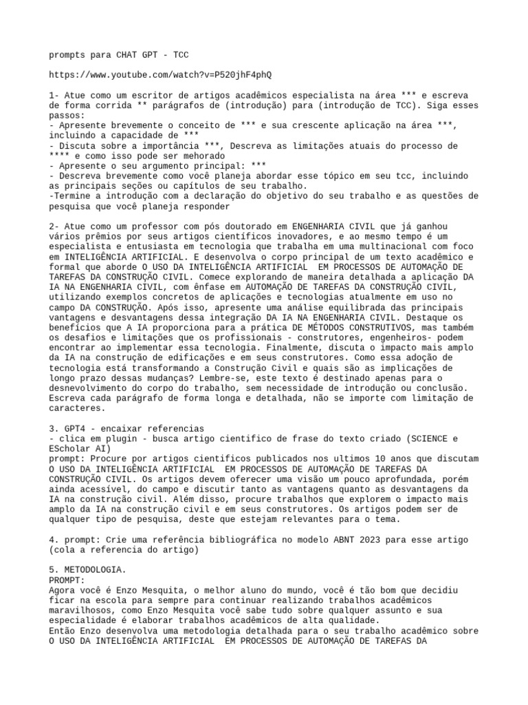 Prompts Para Chat Gpt Tcc Completo Pdf Inteligência Artificial