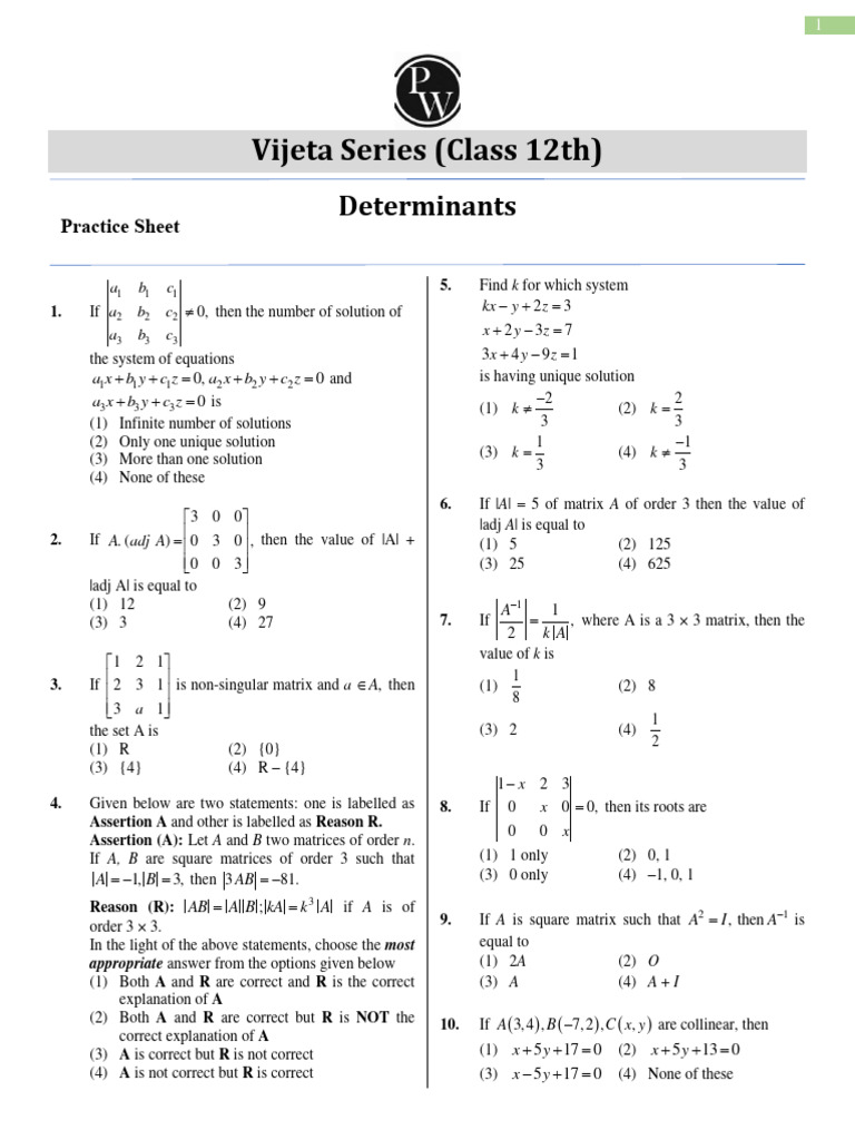 Determinants - Practice Sheet - VIJETA SERIES CLASS-12TH | PDF | Mathematical Physics ...