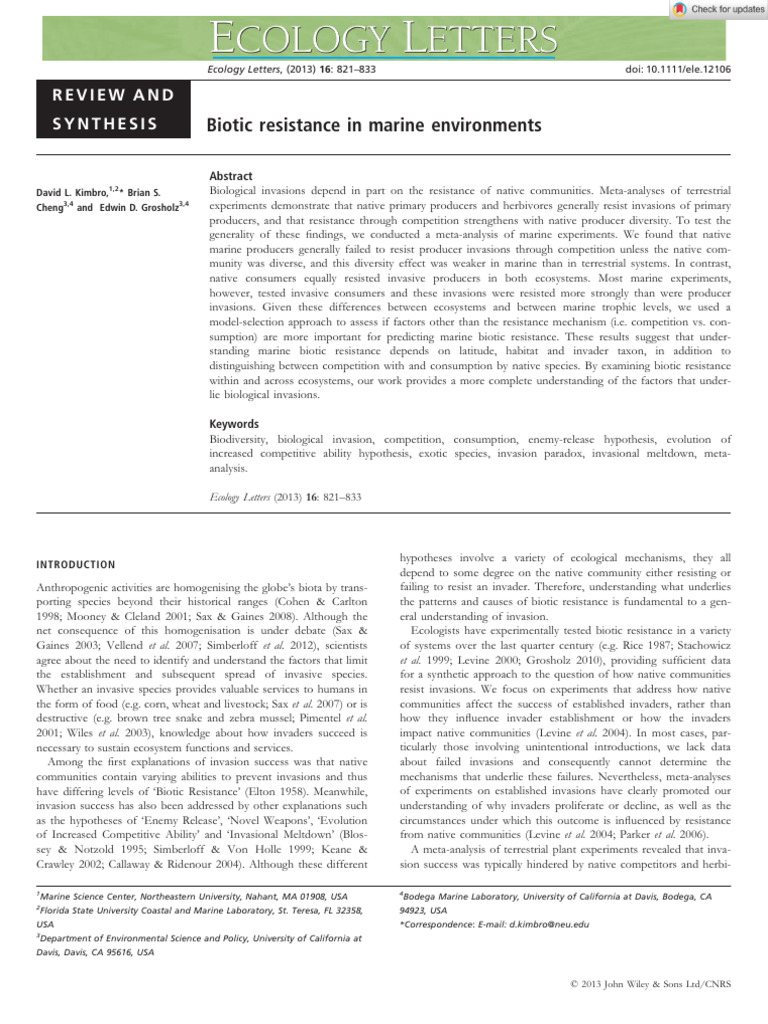Marine Biotic Resistance to Invasions | PDF | Ecosystem | Invasive Species